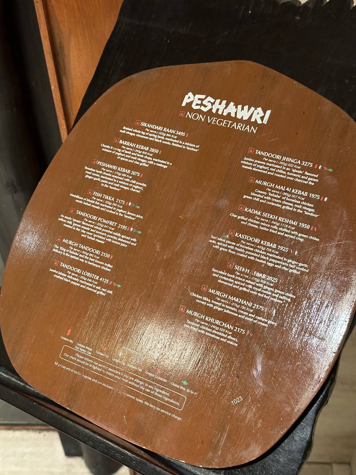 Menu at Peshawri, Chennai, ITC Grand Chola Hotel