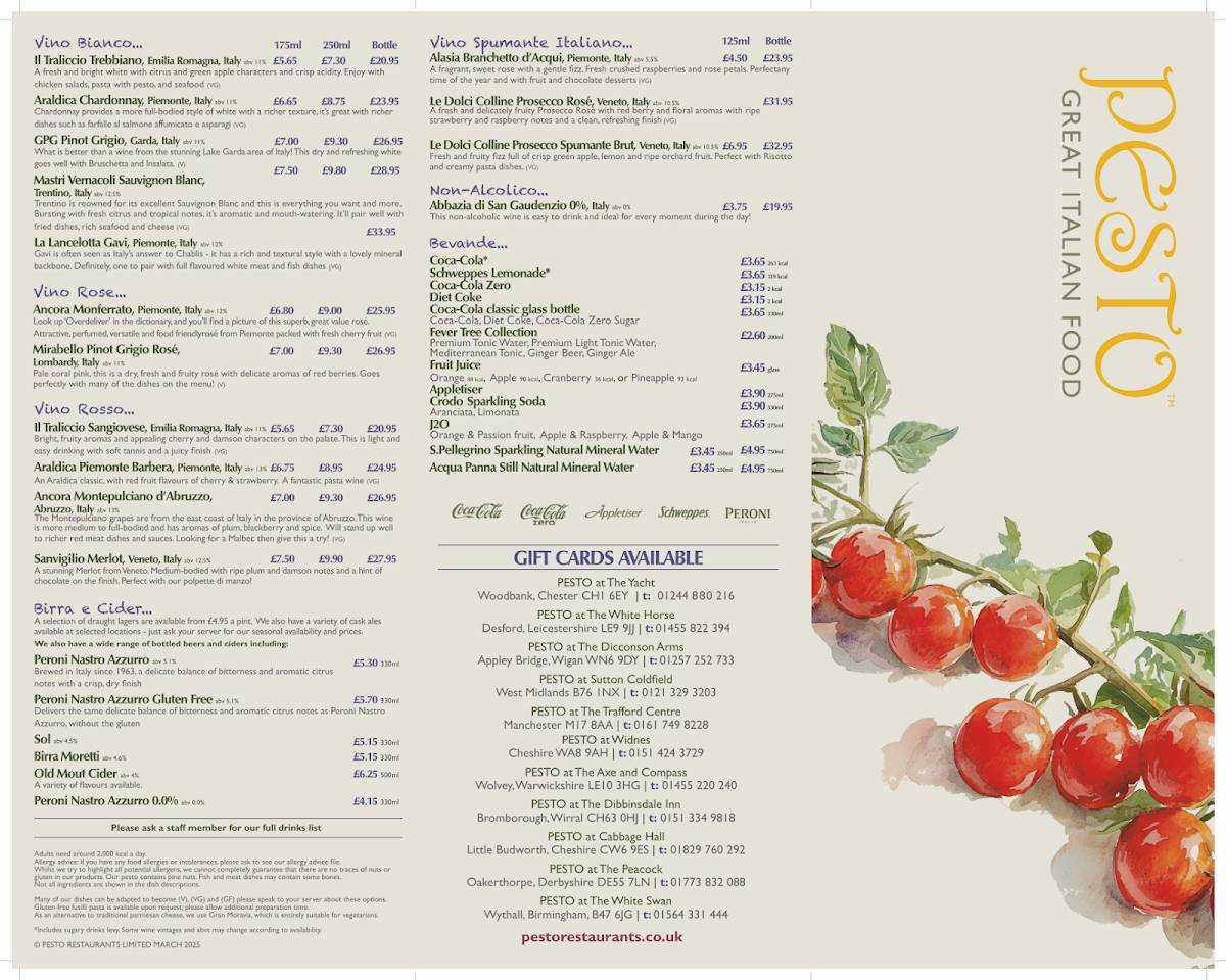 Menu at Pesto at Cabbage Hall pizzeria, Little Budworth