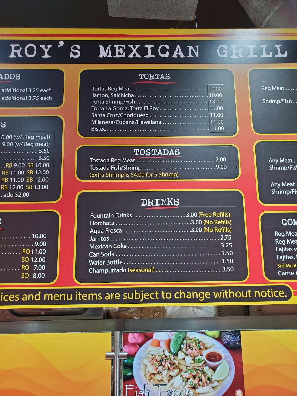 Menu at El Roy's Mexican Grill restaurant, Petaluma, 210 Edith St