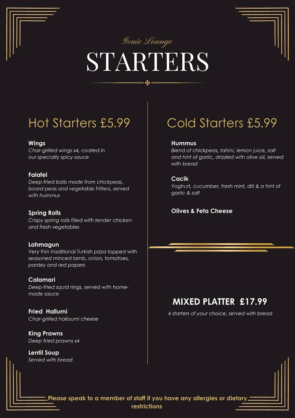 Menu at The Genie Lounge restaurant, Peterborough