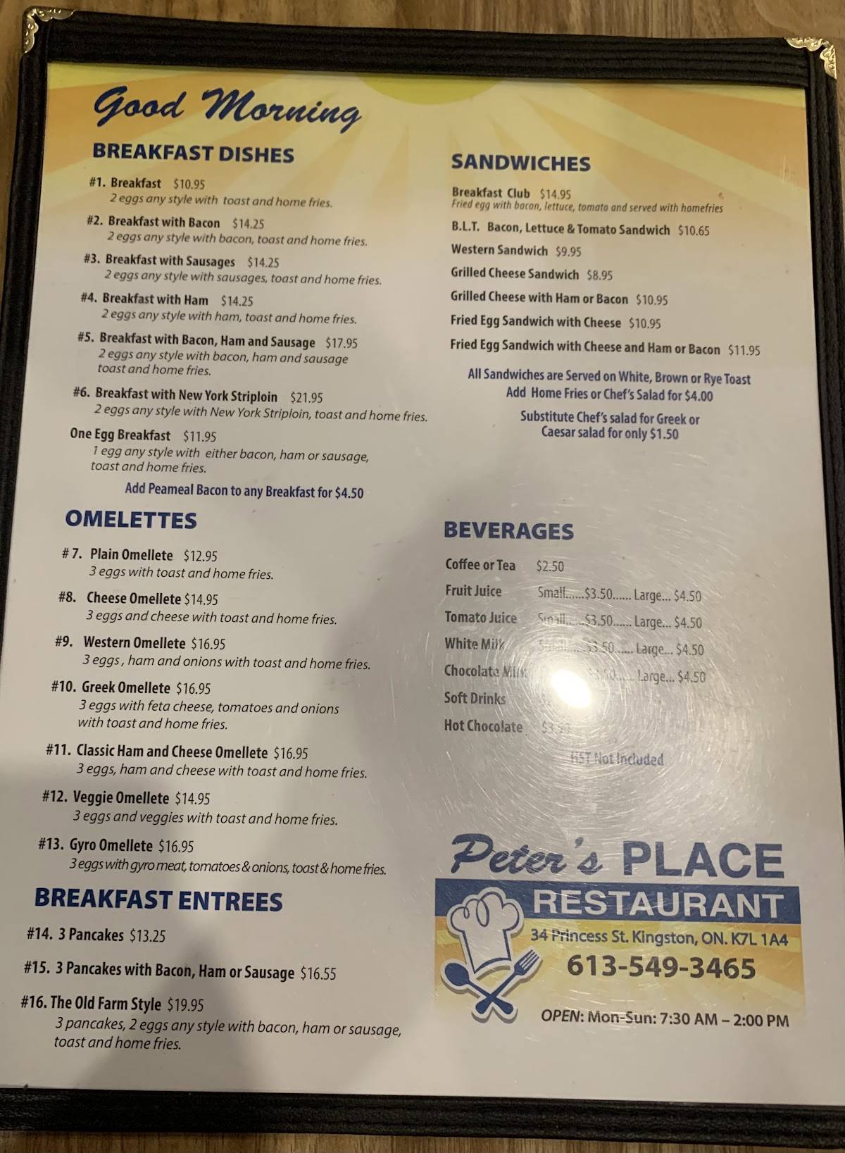 Menu at Peter's Place restaurant, Kingston