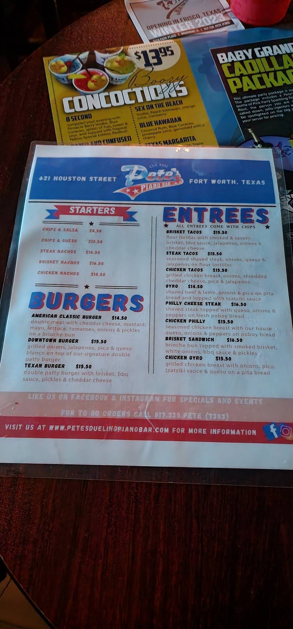 Menu at Pete's Dueling Piano Bar, Fort Worth