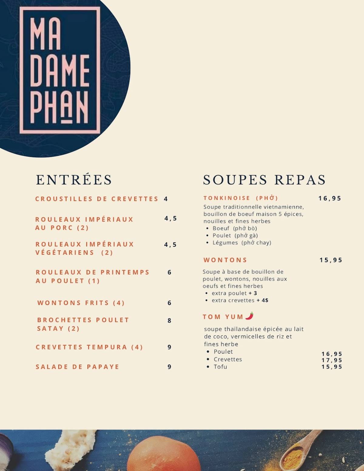Menu au MADAME PHAN restaurant, Québec