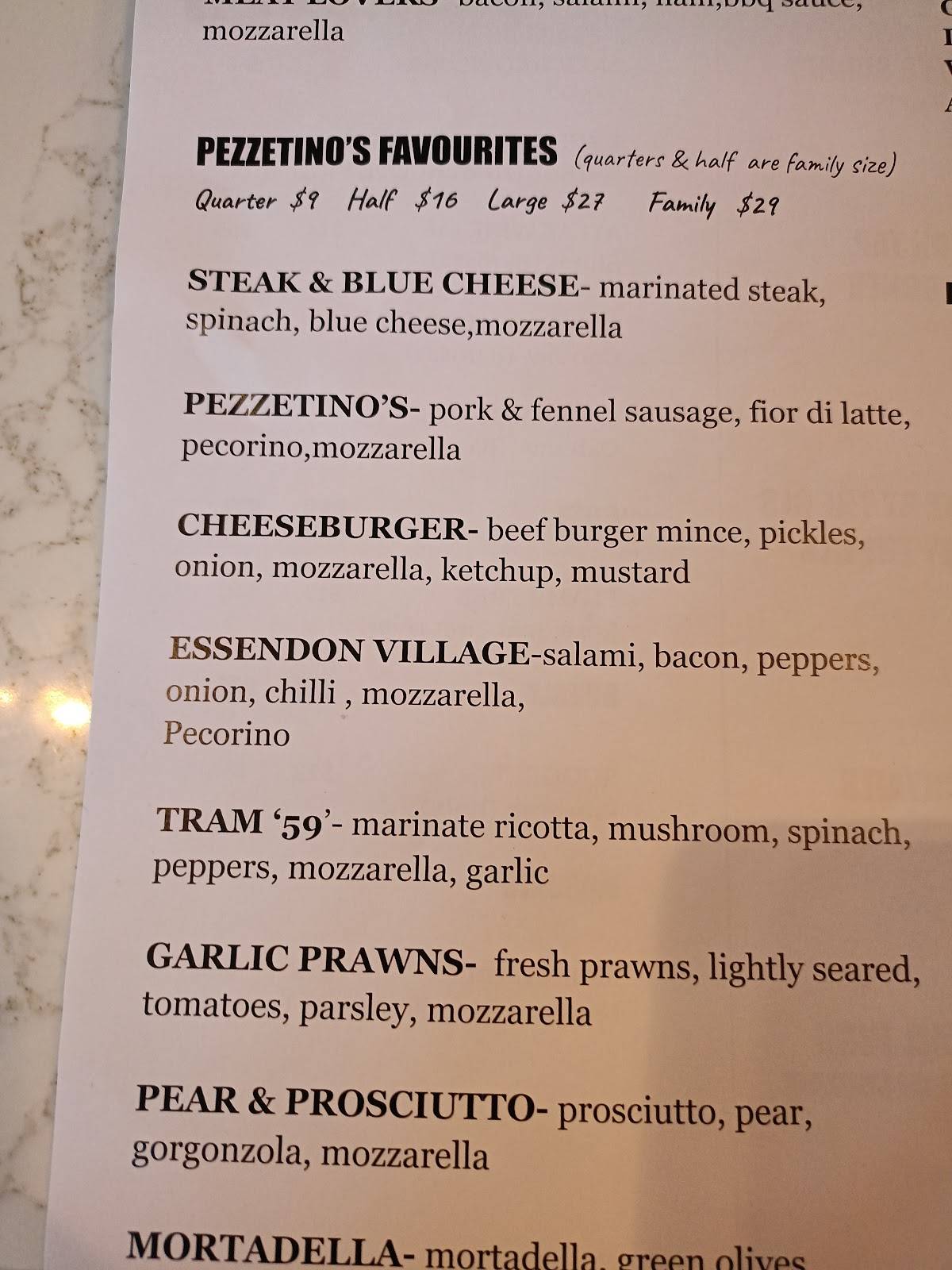 Menu at Pezzetinos Pizza & Bar, Essendon
