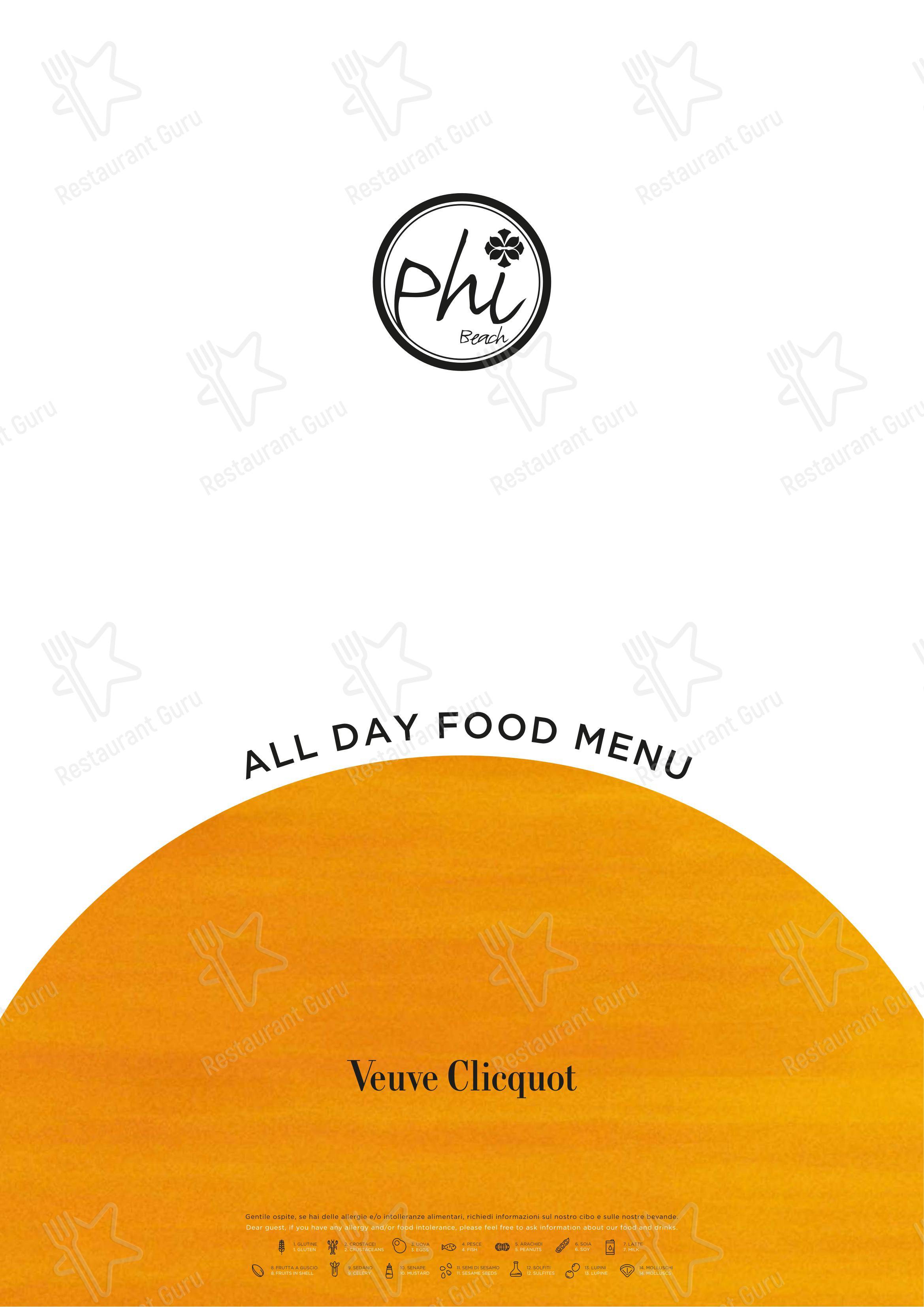 Menu at Phi Beach restaurant, Baja Sardinia