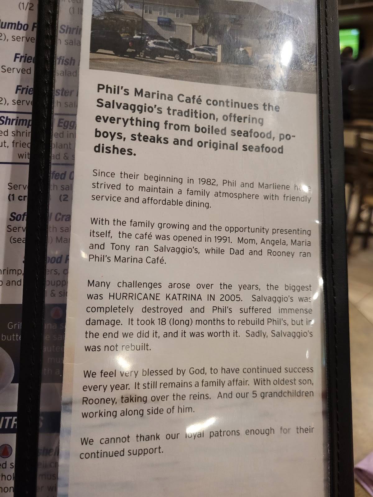 Menu at Phil's Marina Cafe, Slidell
