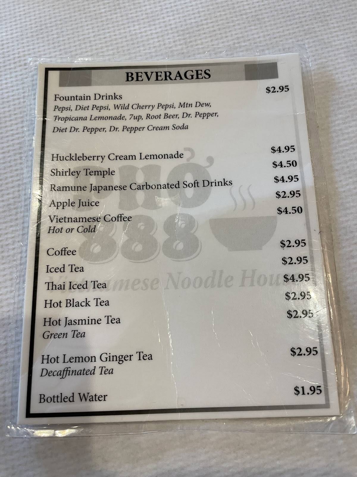 Menu at Pho 888 restaurant, Kalispell