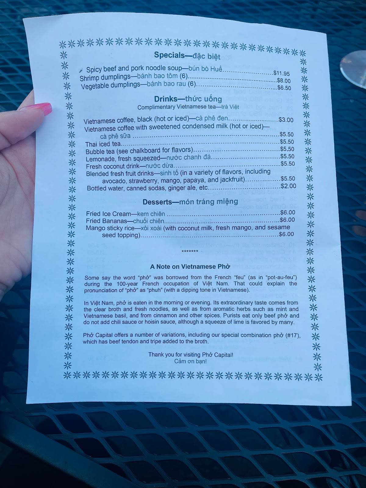 Menu at Pho Capital restaurant, Montpelier
