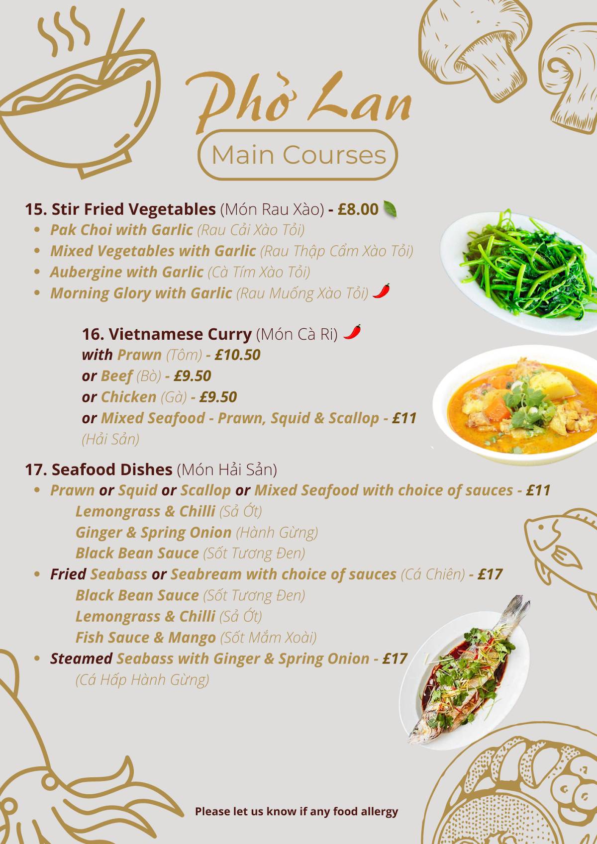 Menu at Phở Lan restaurant, Hull
