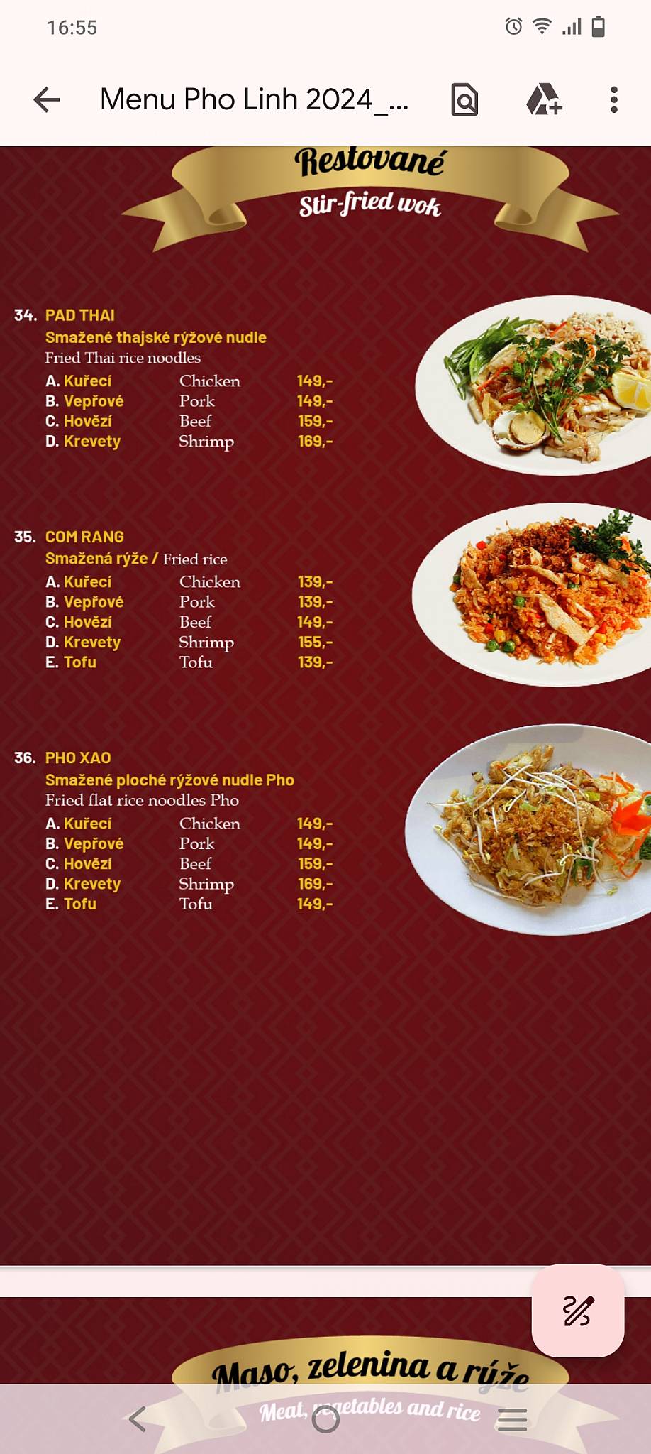 Menu at Phở Linh restaurant, Novy Jicin