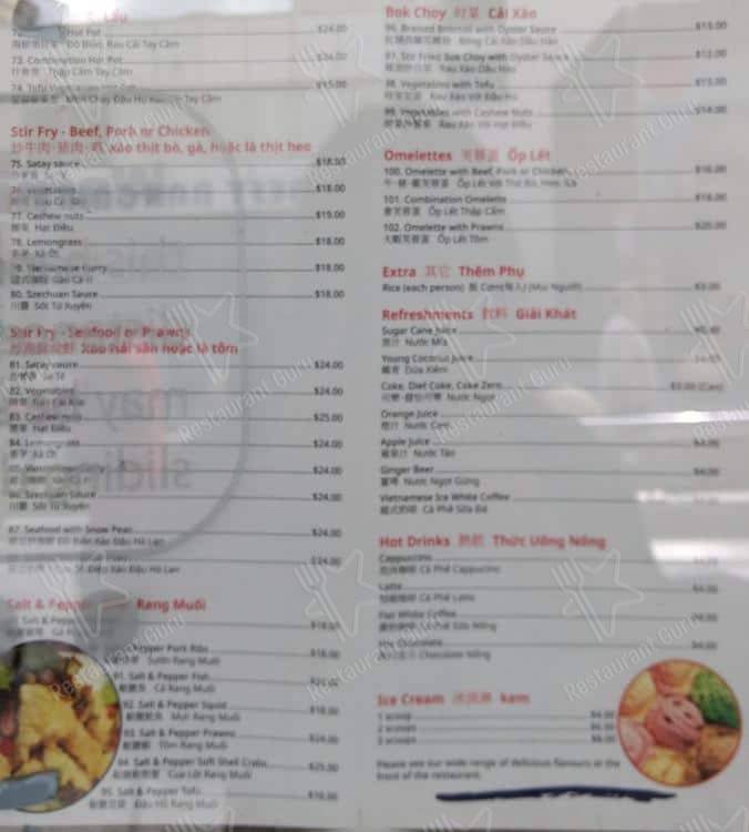 Menu at Pho Ngon restaurant, Sydney