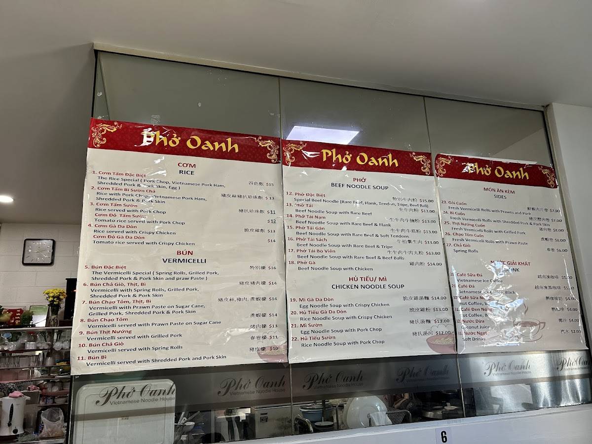Menu at Pho Oanh Vietnamese Noodle Shop restaurant, Blacktown