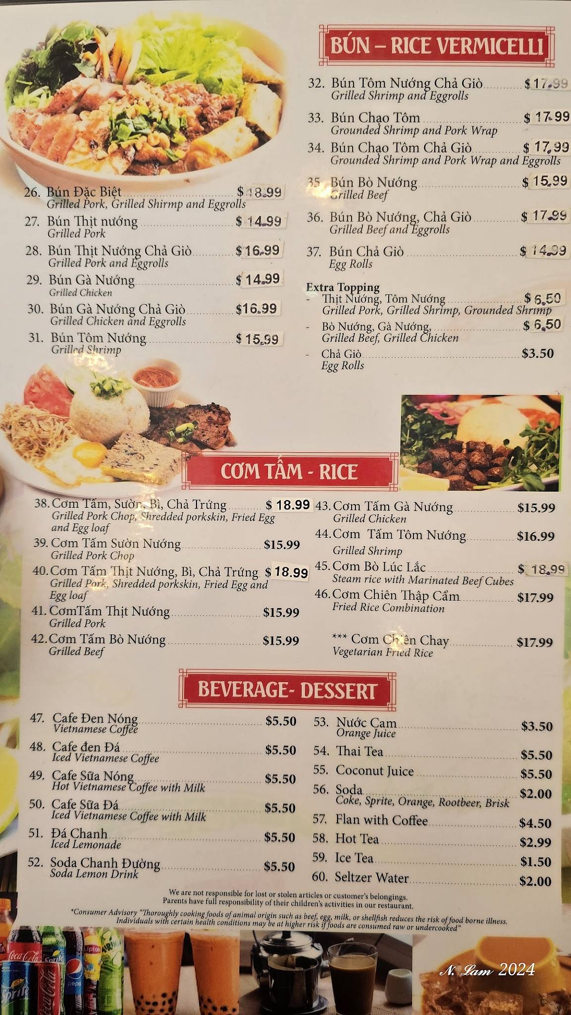 Menu at Pho Saigon III restaurant, Mount Pocono