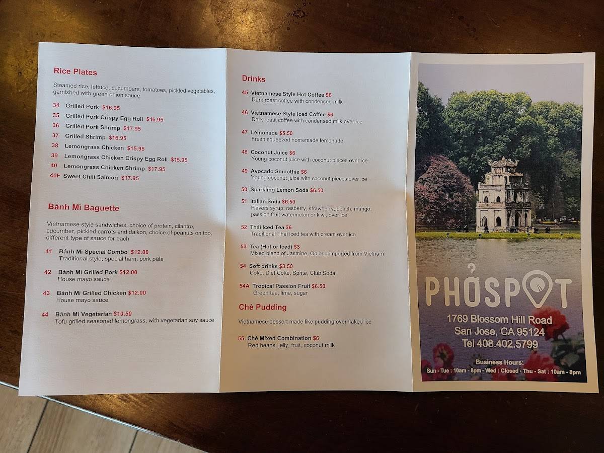 Menu at Pho Spot restaurant, San Jose, Blossom Hill Rd