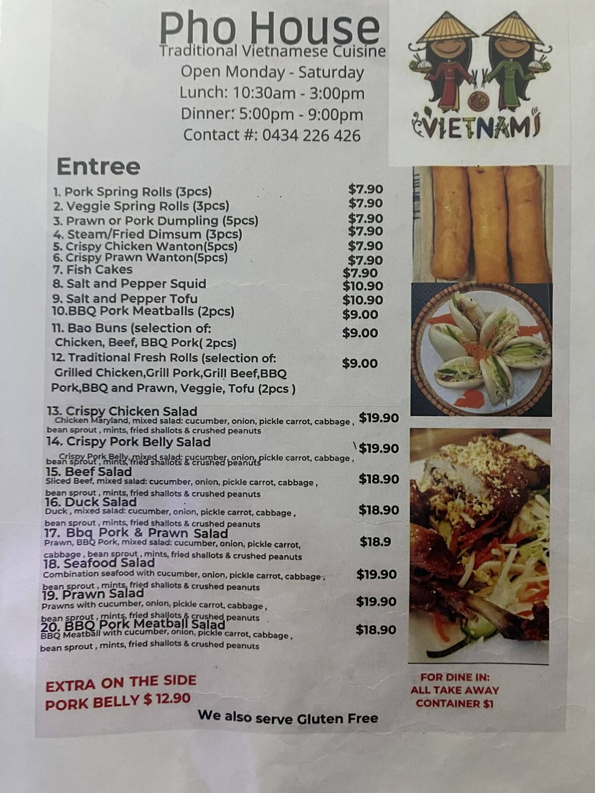 Menu at Pho house traditional Vietnamese food restaurant, Berserker