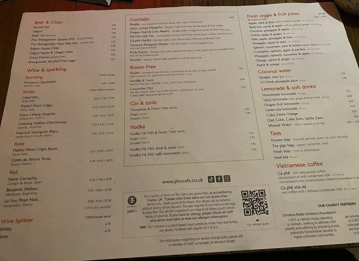 Menu at Pho Baker street restaurant, London, 102 Baker St