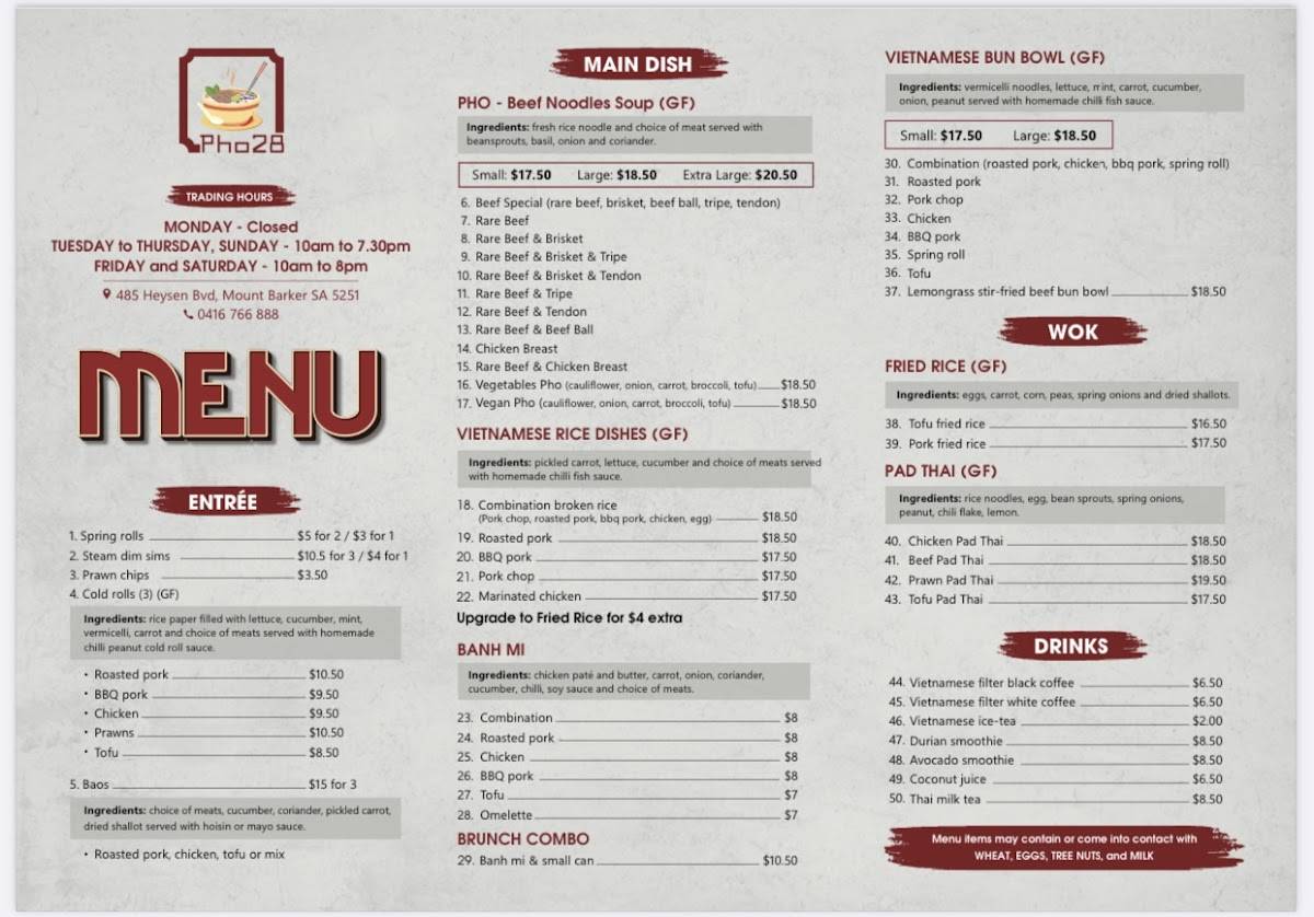 Menu at Pho28 restaurant, Mount Barker