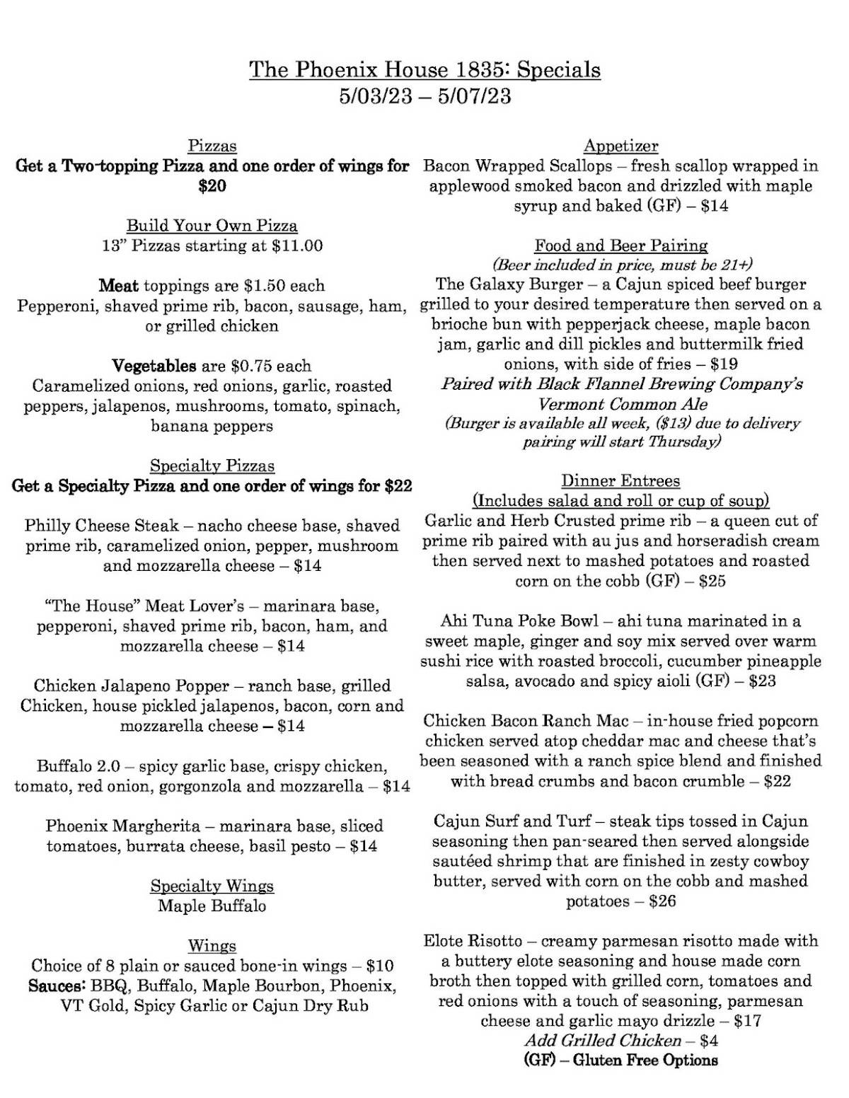 Menu at Phoenix House 1835 restaurant, Berkshire