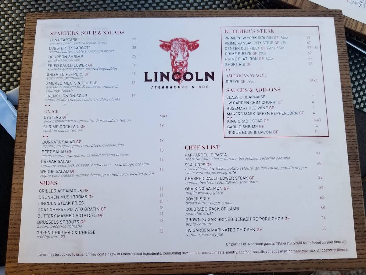 Menu at Lincoln Steakhouse & Bar, Scottsdale