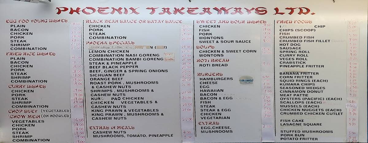 Menu at Phoenix Takeaways restaurant, Wellington