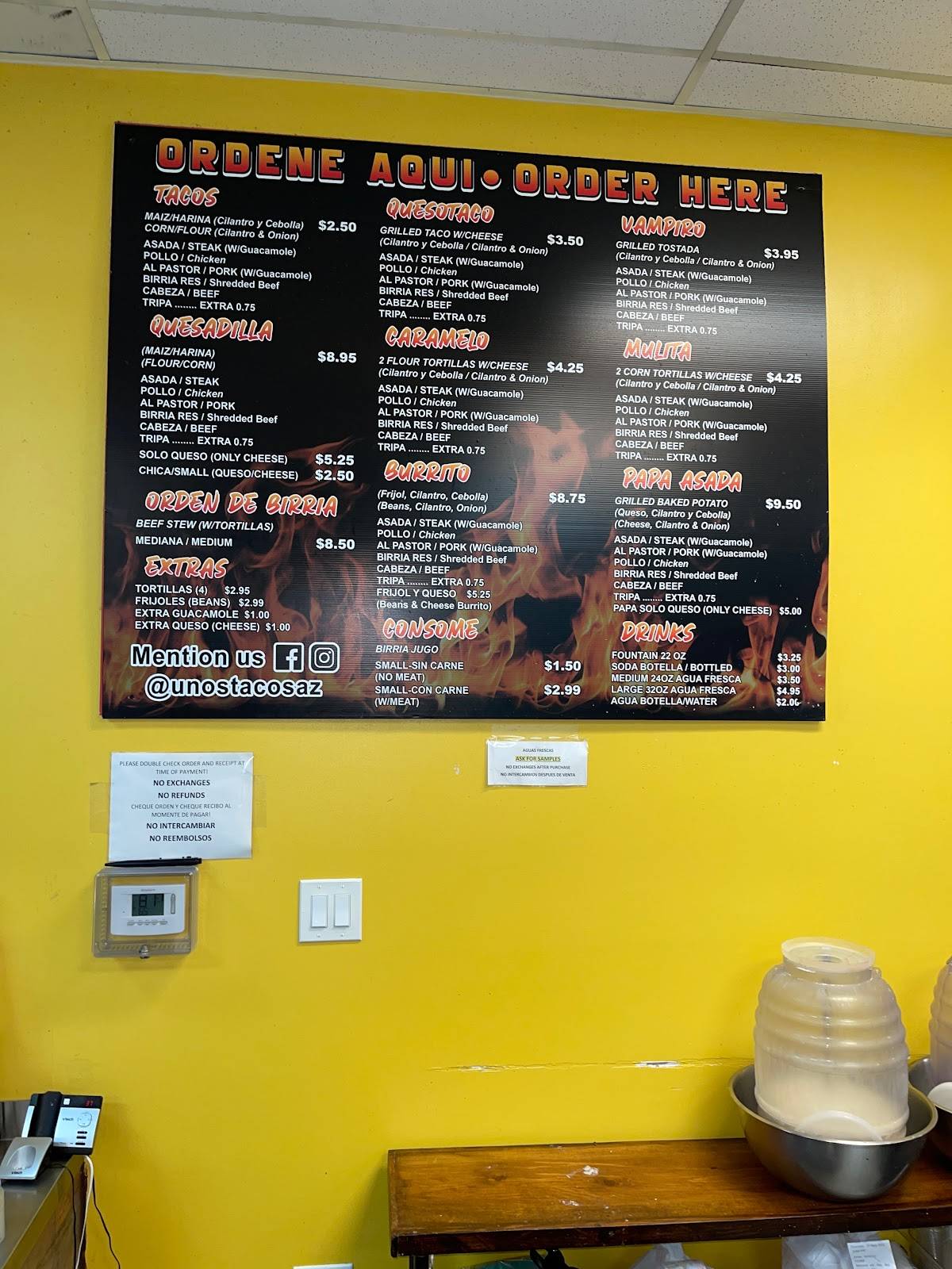 Menu at UNOS TACOS Y BIRRIA restaurant, Phoenix