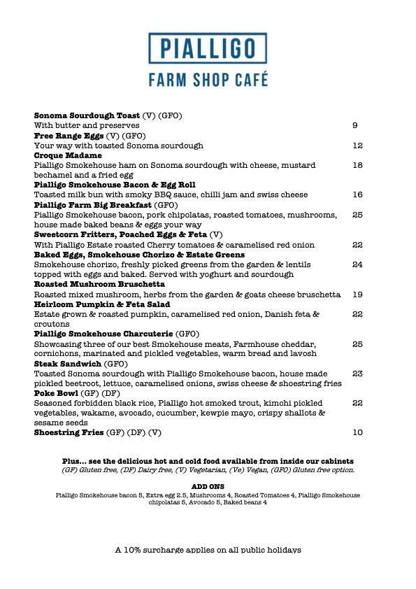 Menu at The Farm Shop Cafe, Pialligo