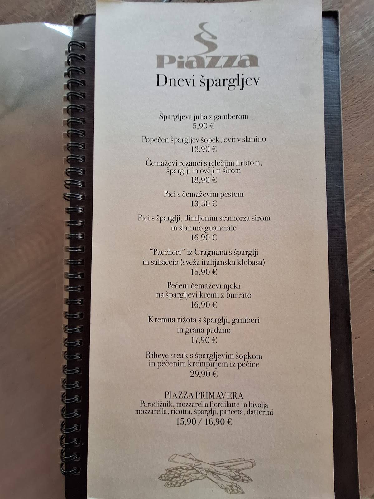 Menu at Piazza restaurant, Ljubljana