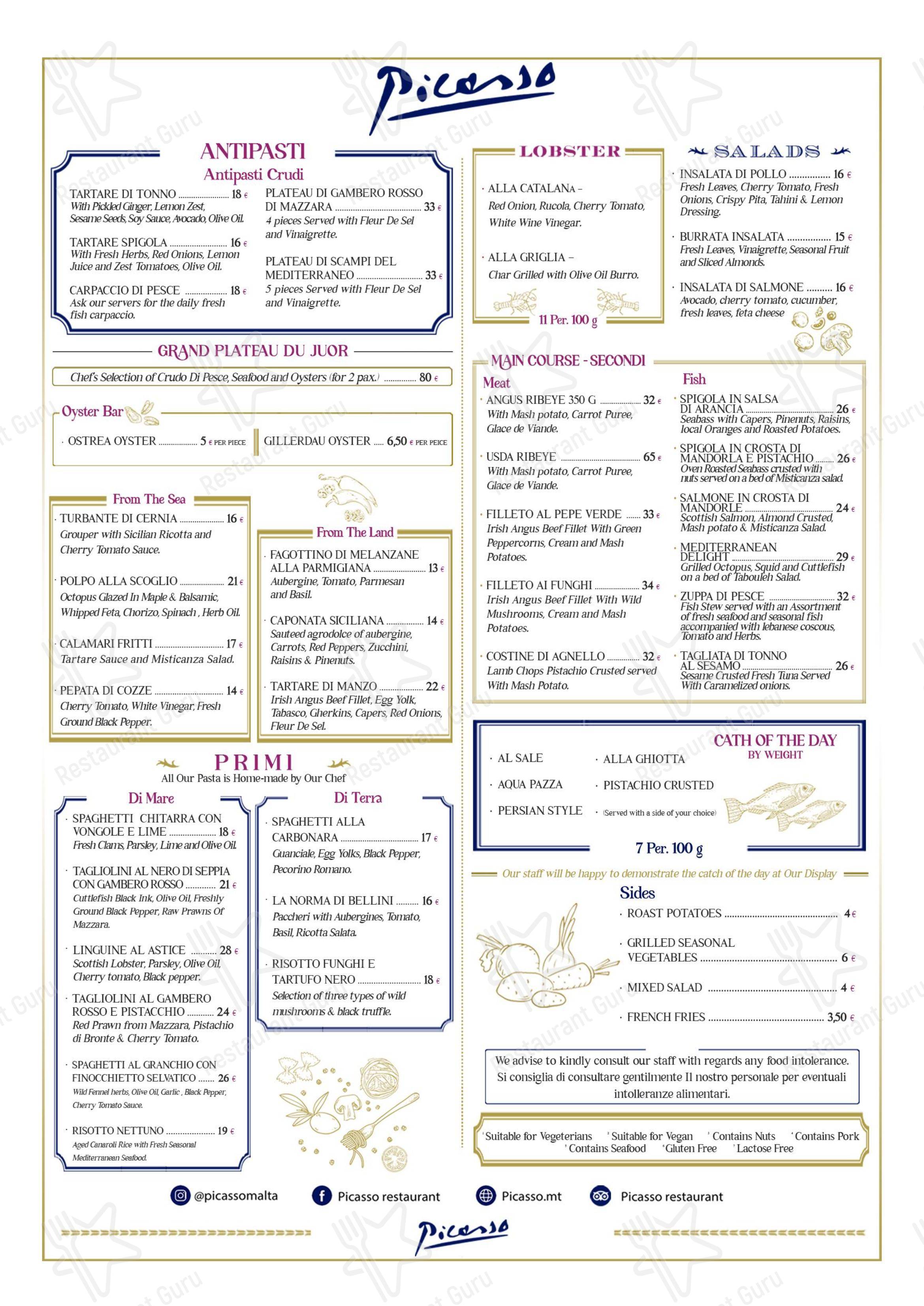 Menu at Picasso restaurant, Sliema