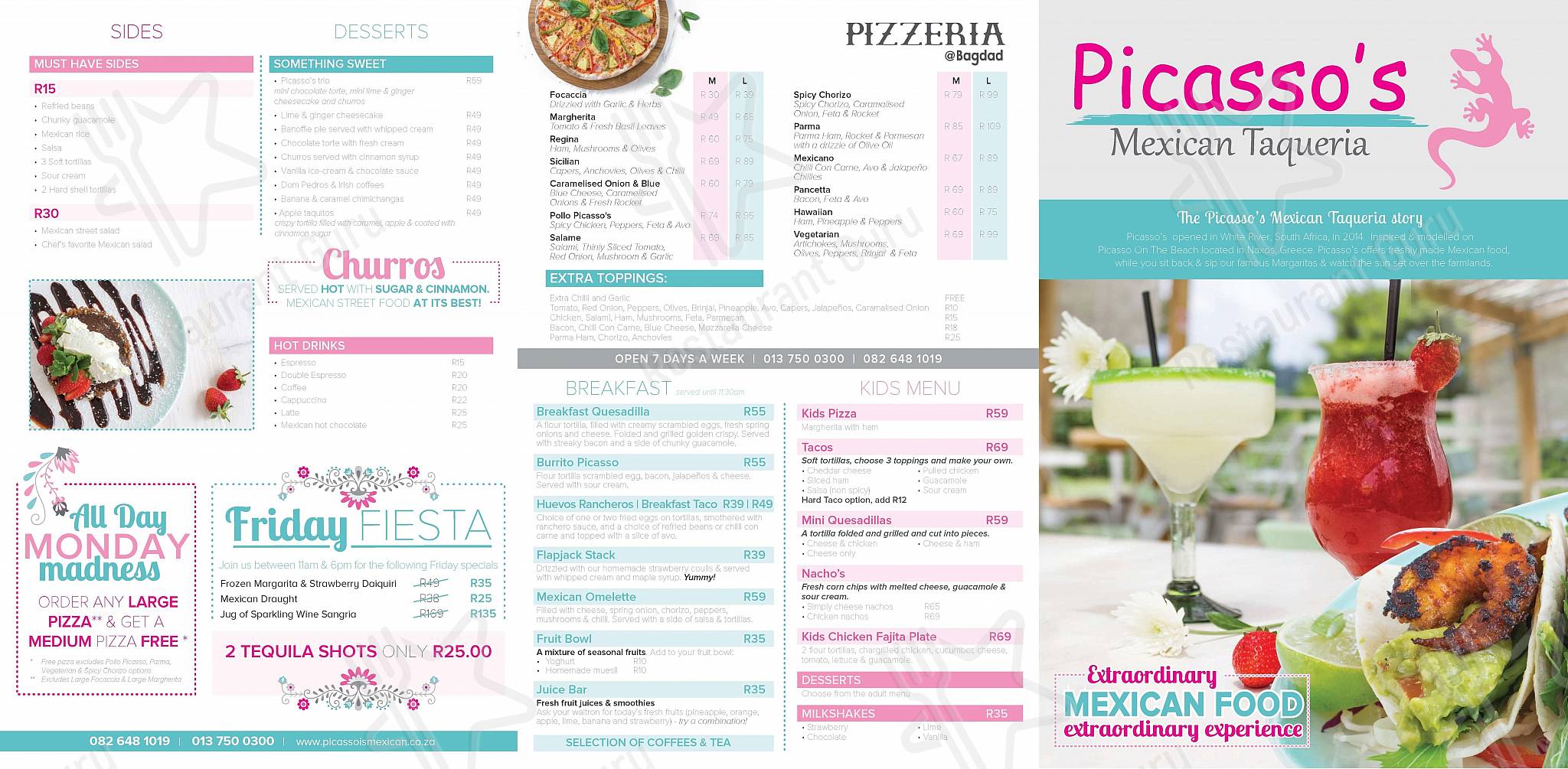 Menu at Picasso's Mexican Taqueria restaurant, White River