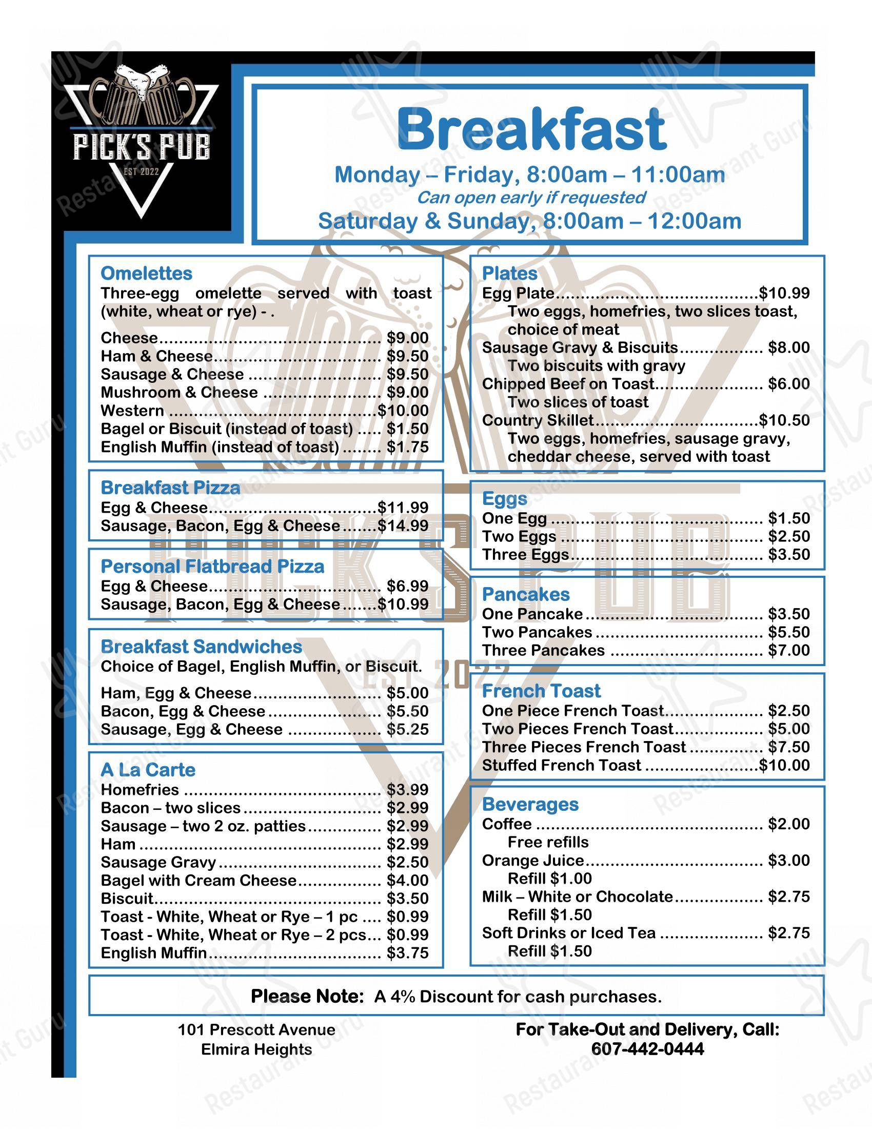 Menu at Pick's Pub, Elmira Heights