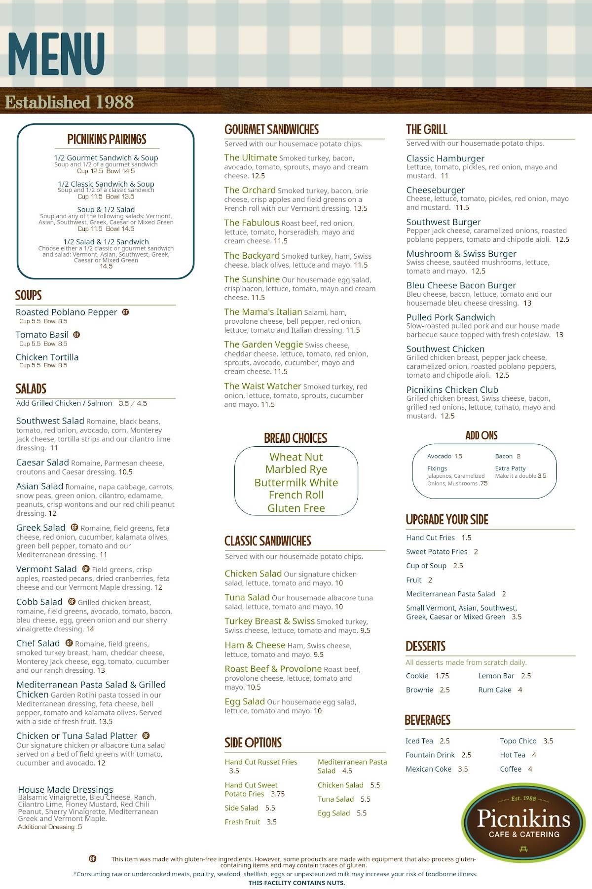 Menu at Picnikins restaurant, San Antonio, Blanco Rd