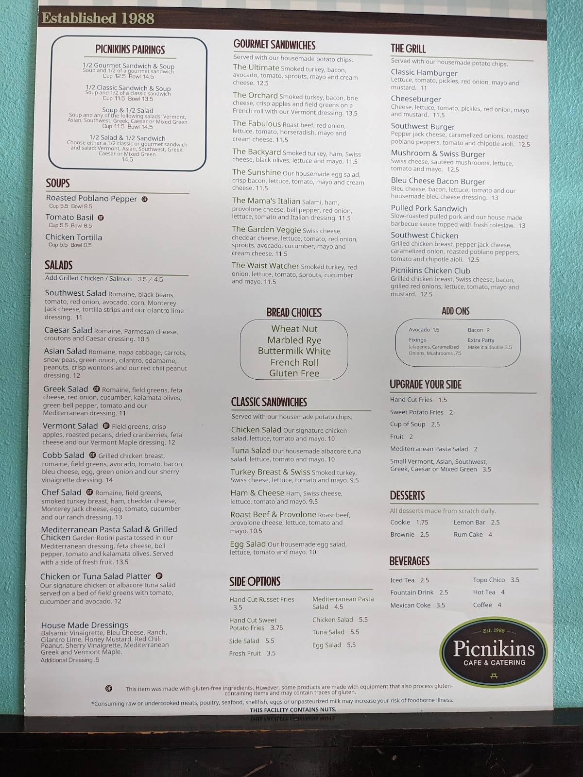 Menu at Picnikins restaurant, San Antonio, Blanco Rd