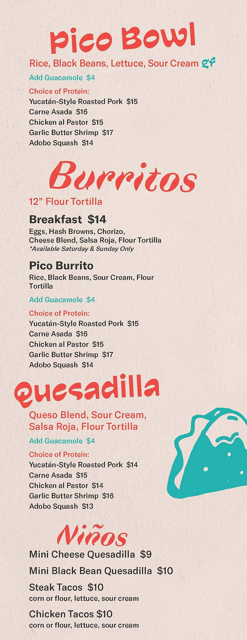 Menu at Pico Taco restaurant, Stowe