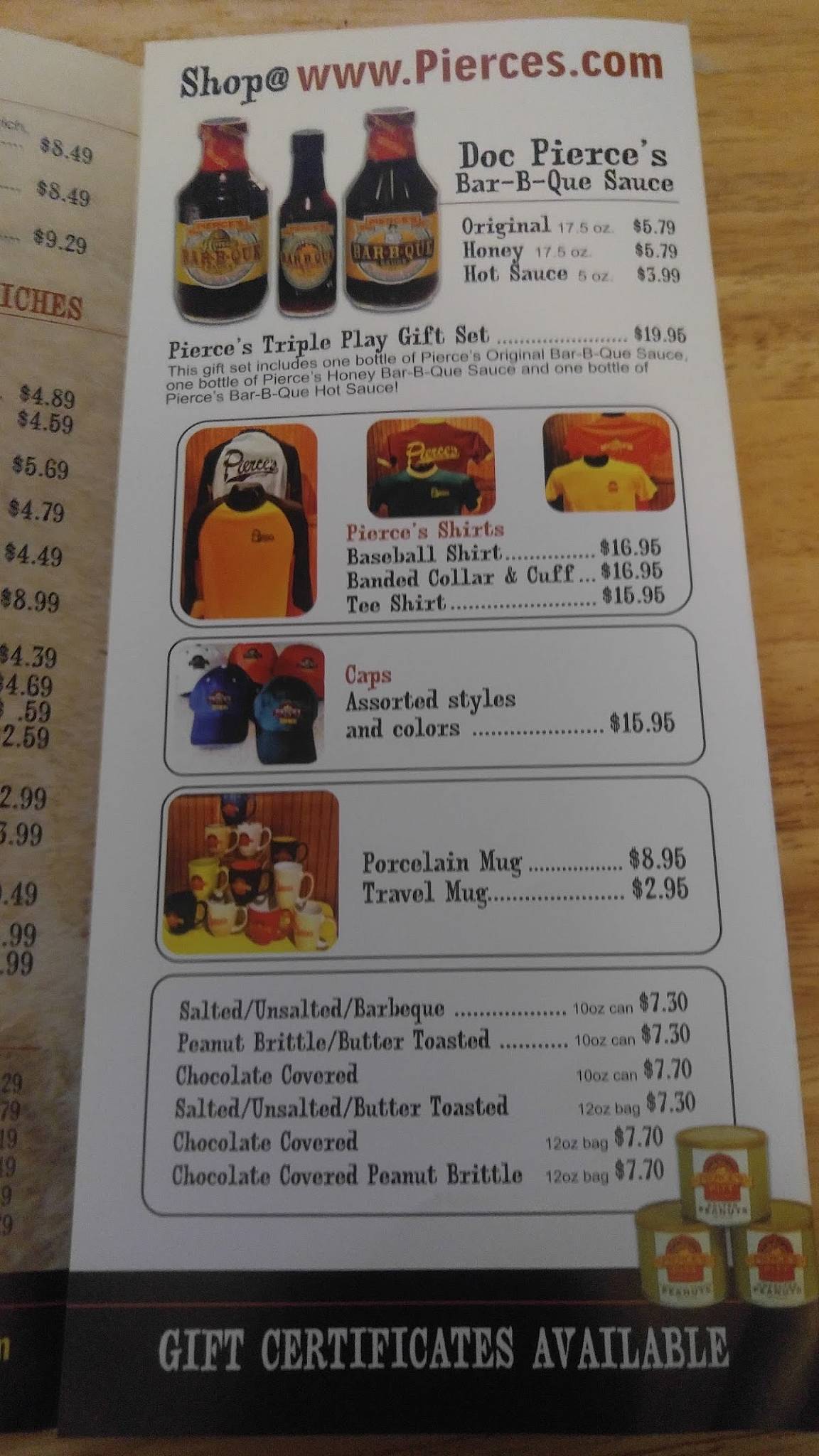 Menu at Pierce's Pitt Bar-B-Que, Williamsburg