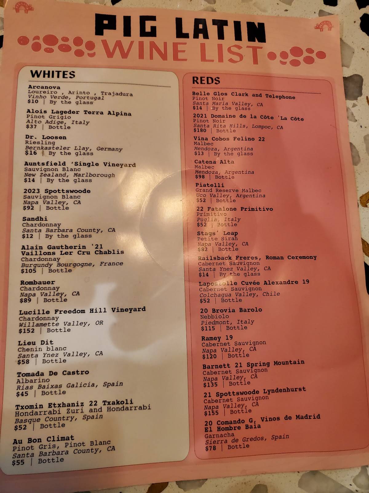 Menu at Pig Latin pub & bar, Eagle