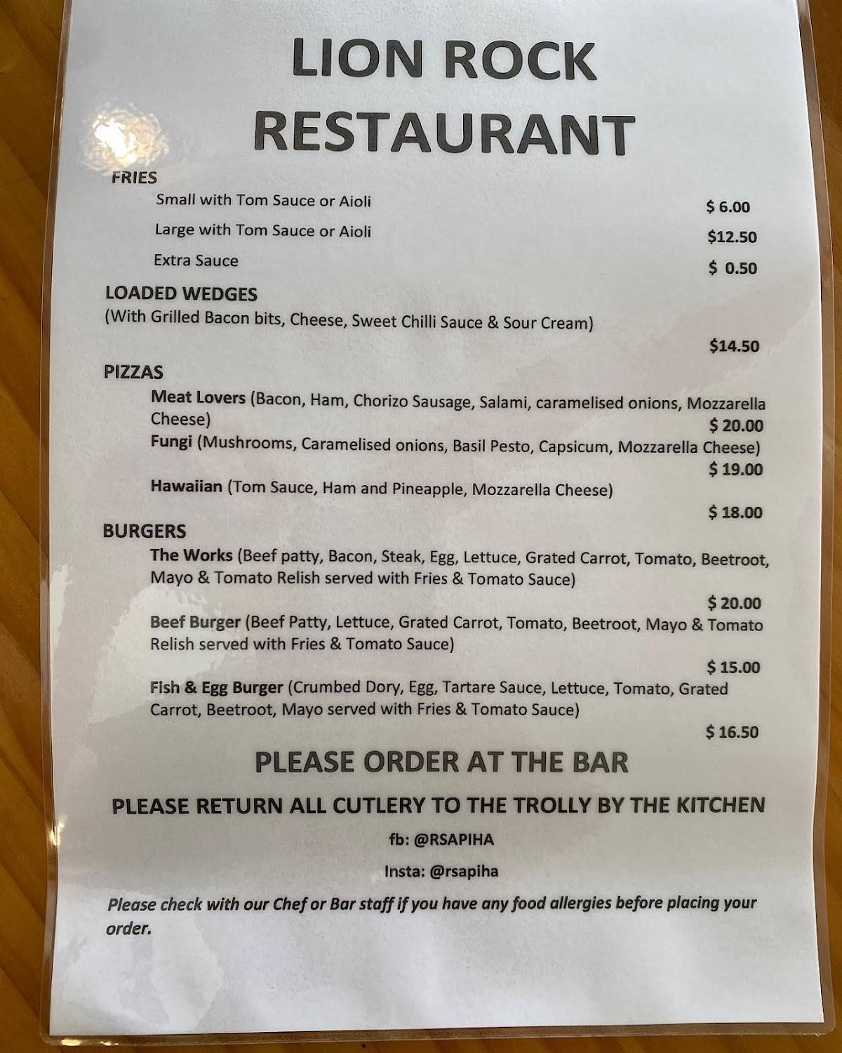 Menu at Piha Memorial RSA pizzeria, Piha, 3 Beach Valley Rd
