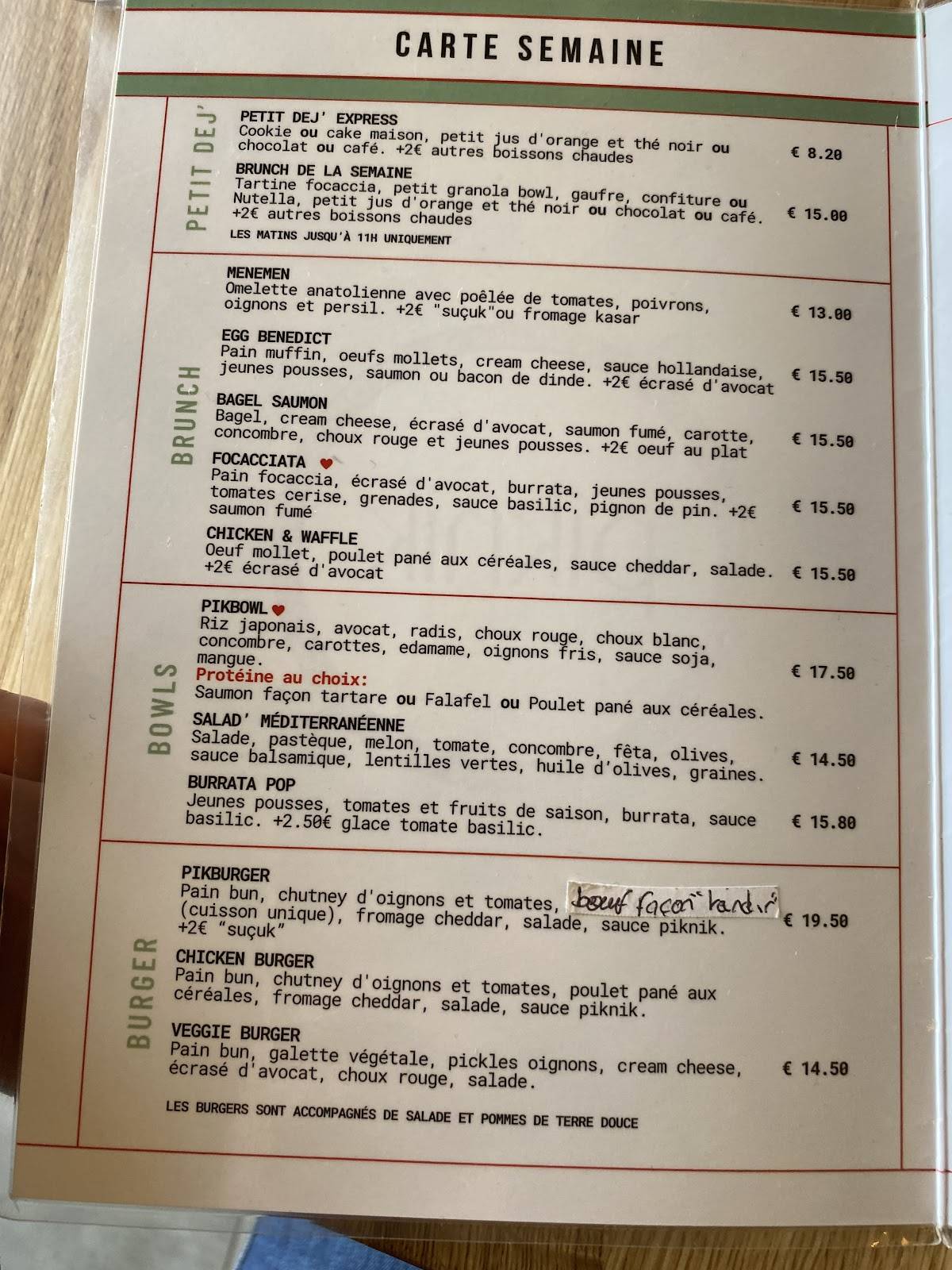 Menu au Piknik restaurant, Bourgoin-Jallieu