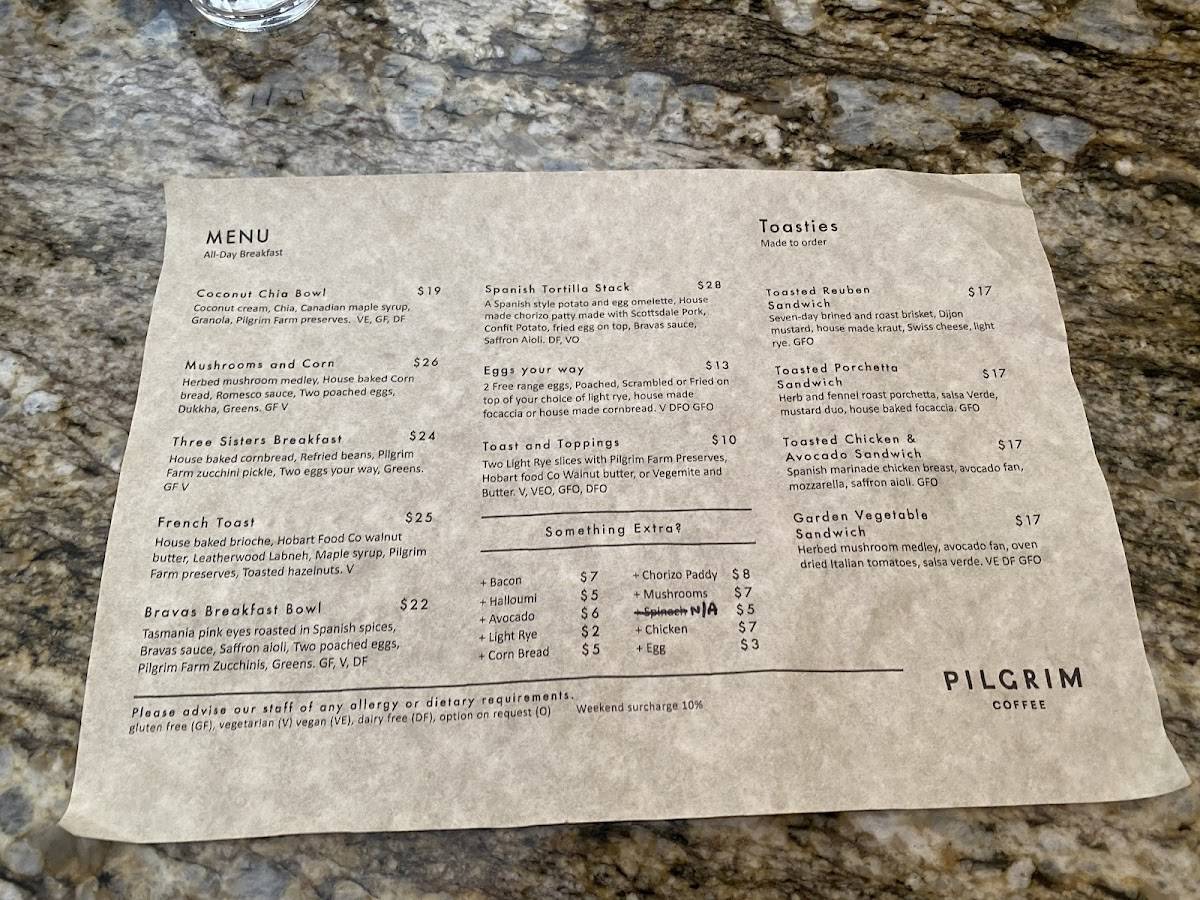 Menu at Pilgrim Coffee restaurant, Hobart