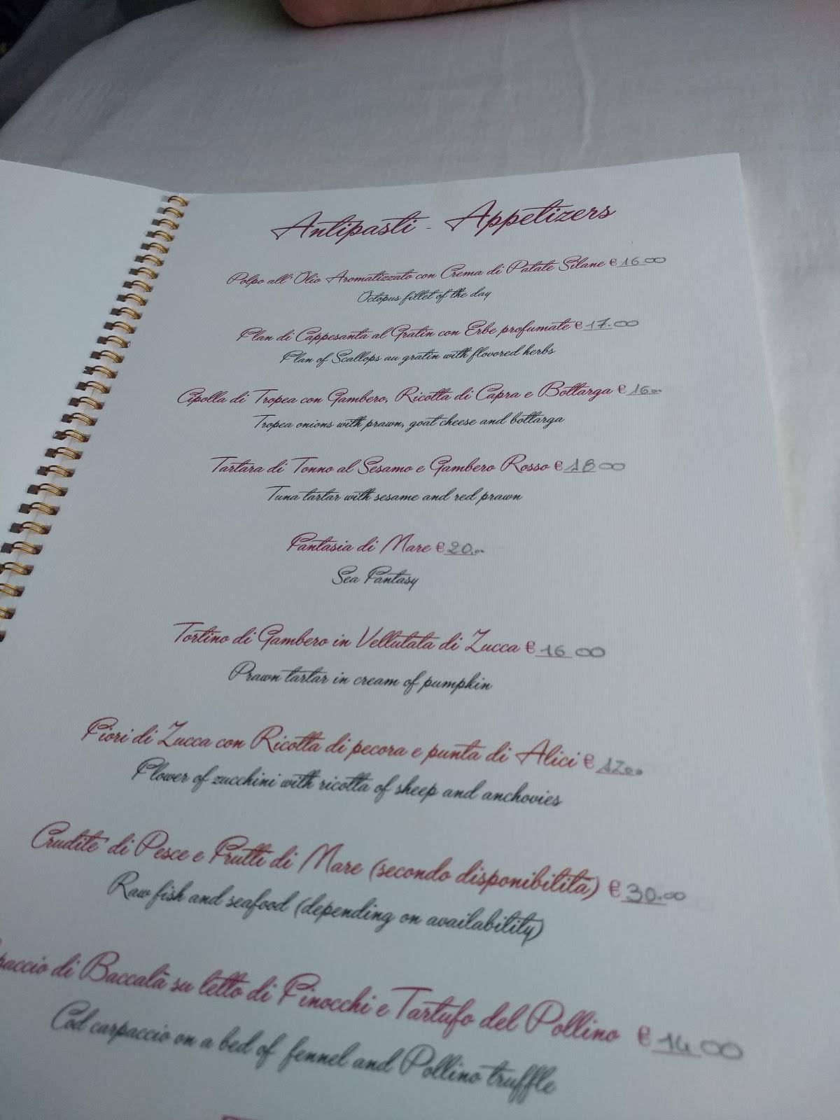 Menu da Pimm's ristorante, Tropea, largo migliarese