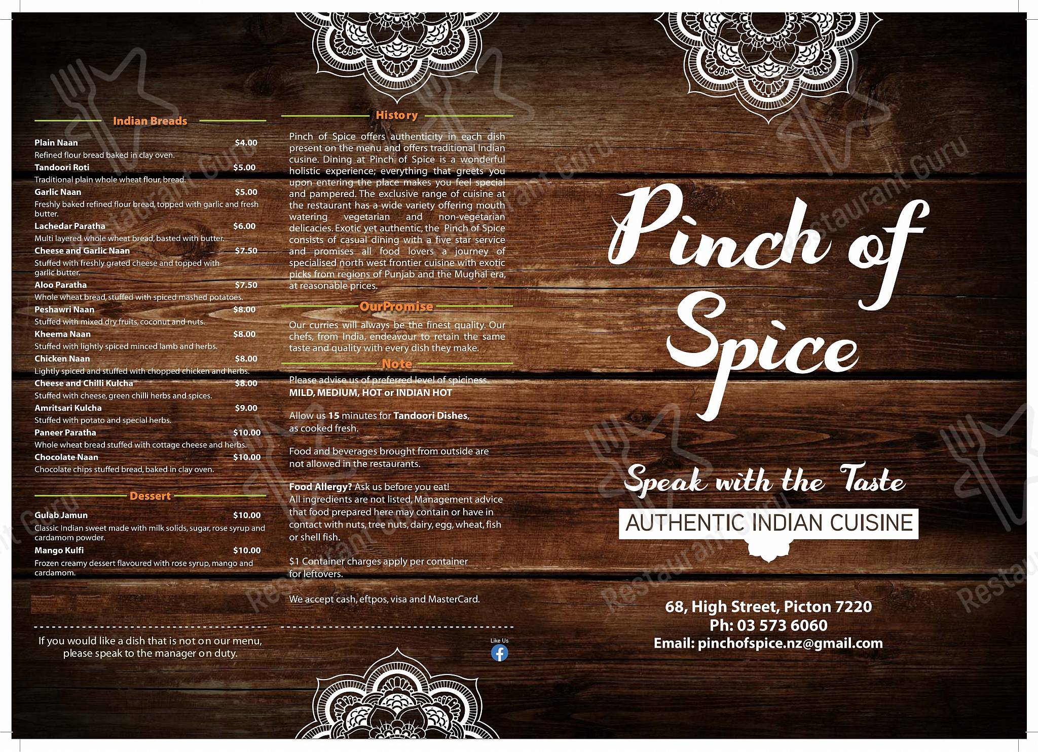 Menu at Pinch Of Spice restaurant, Picton