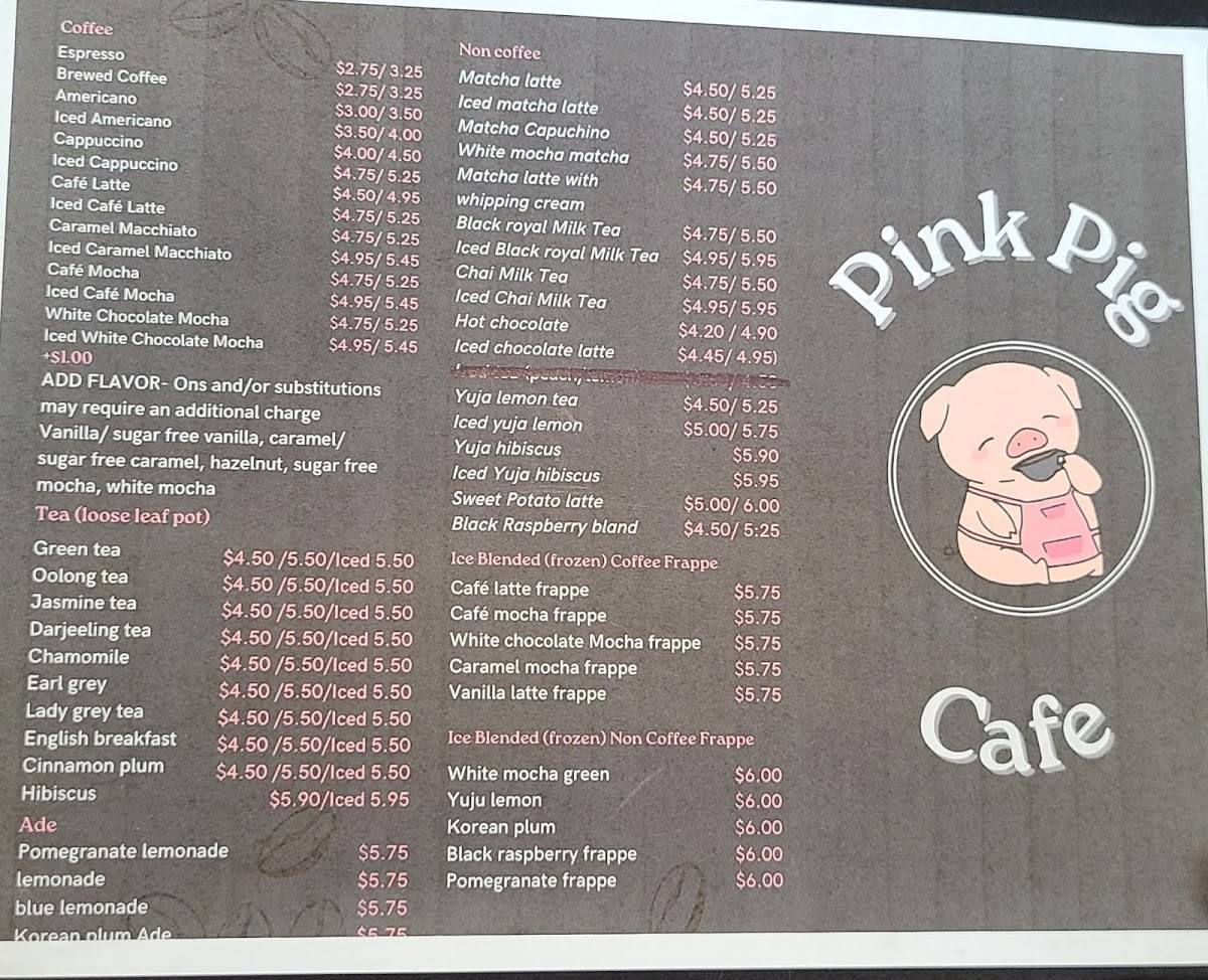 Menu at Pink Pig Cafe, Norman