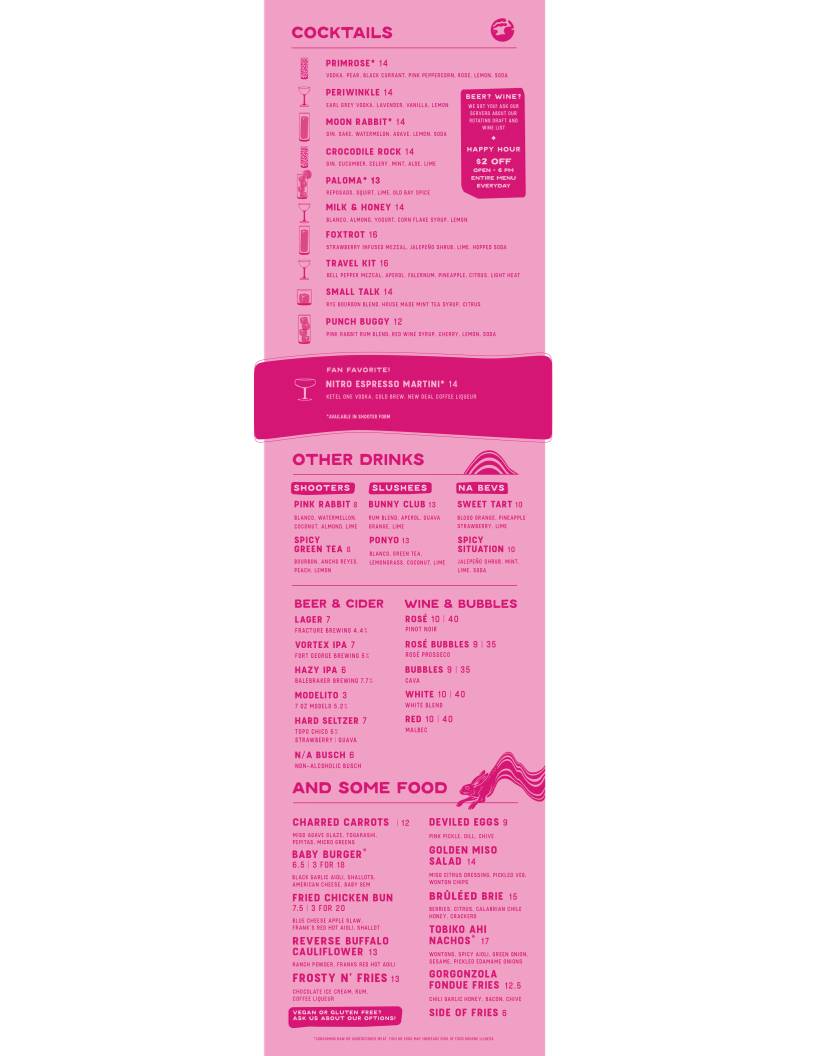 Menu at Pink Rabbit pub & bar, Portland