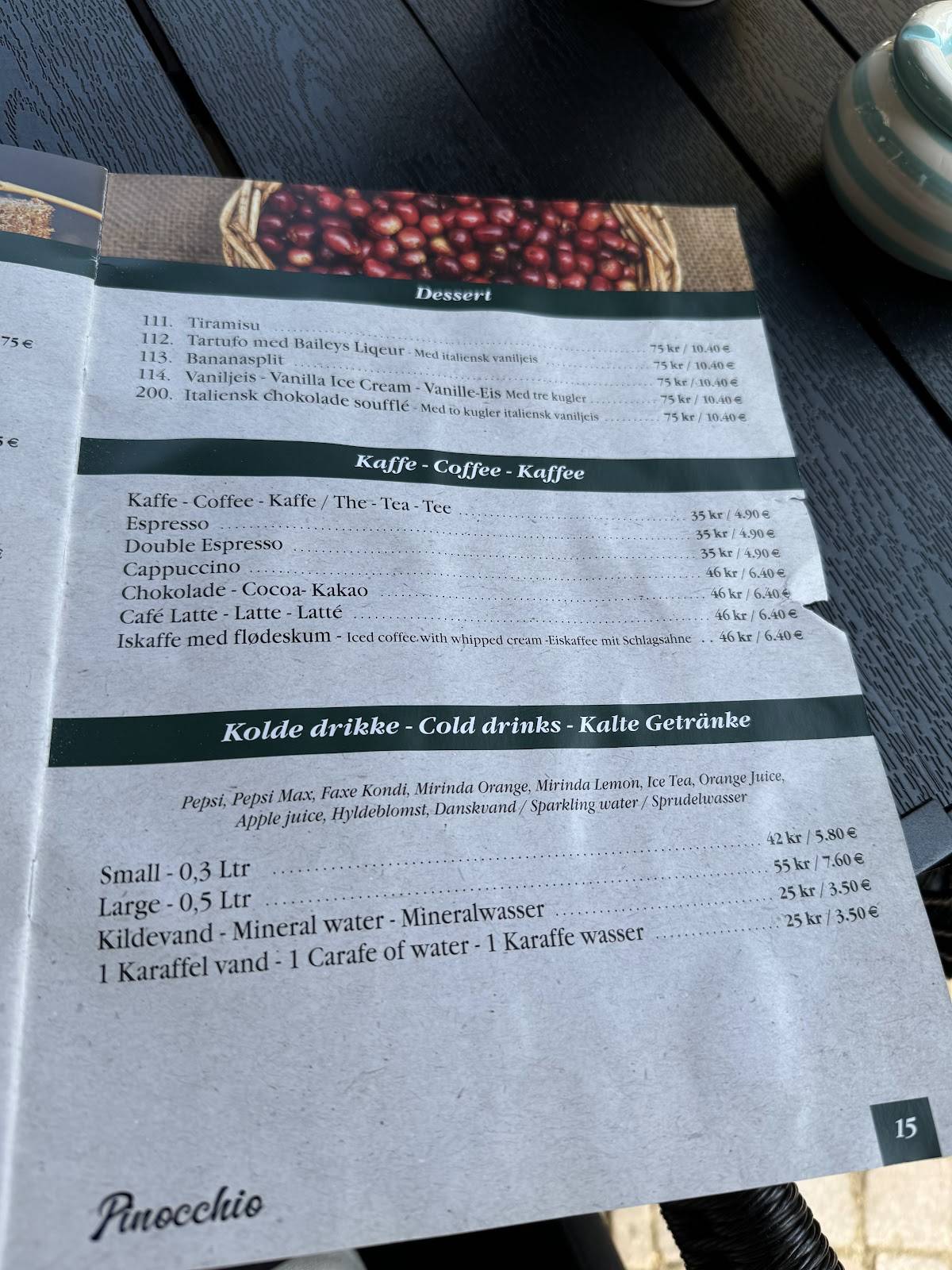 Menu at Pinocchio pizzeria, Ribe