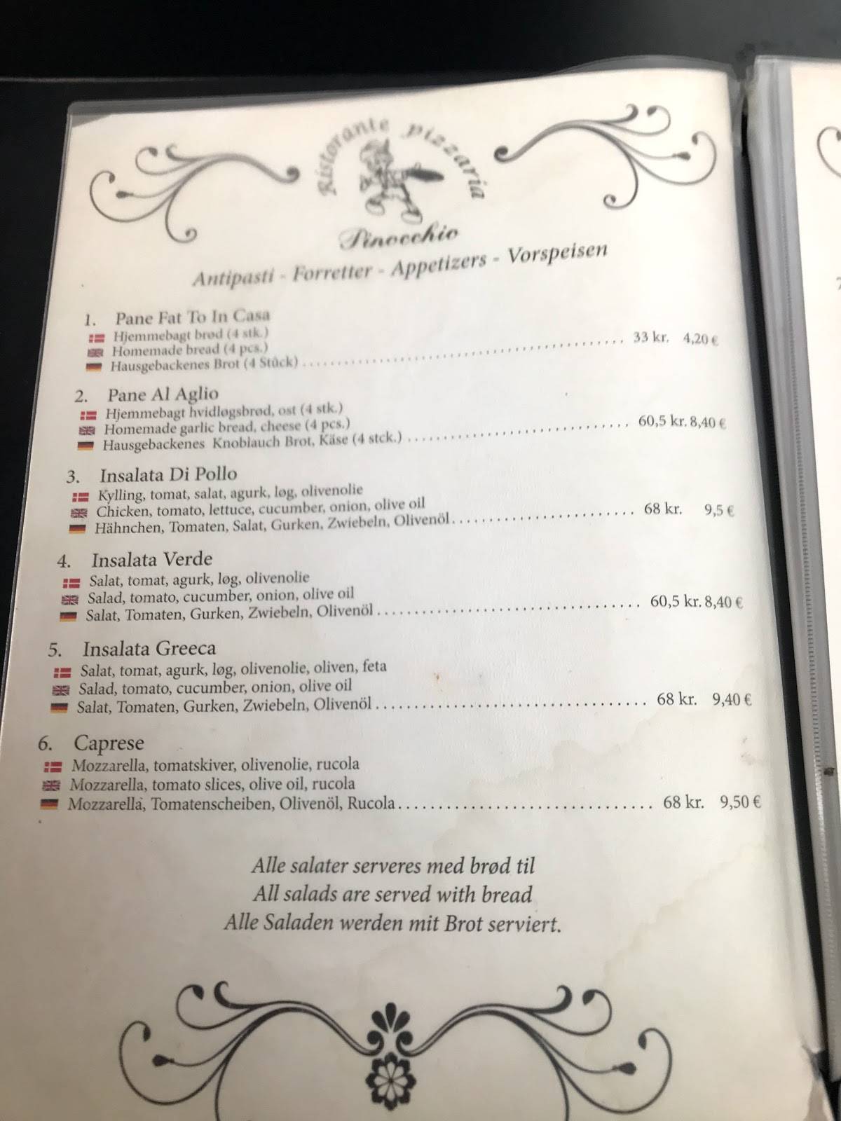 Speisekarte von Pinocchio pizza, Ribe