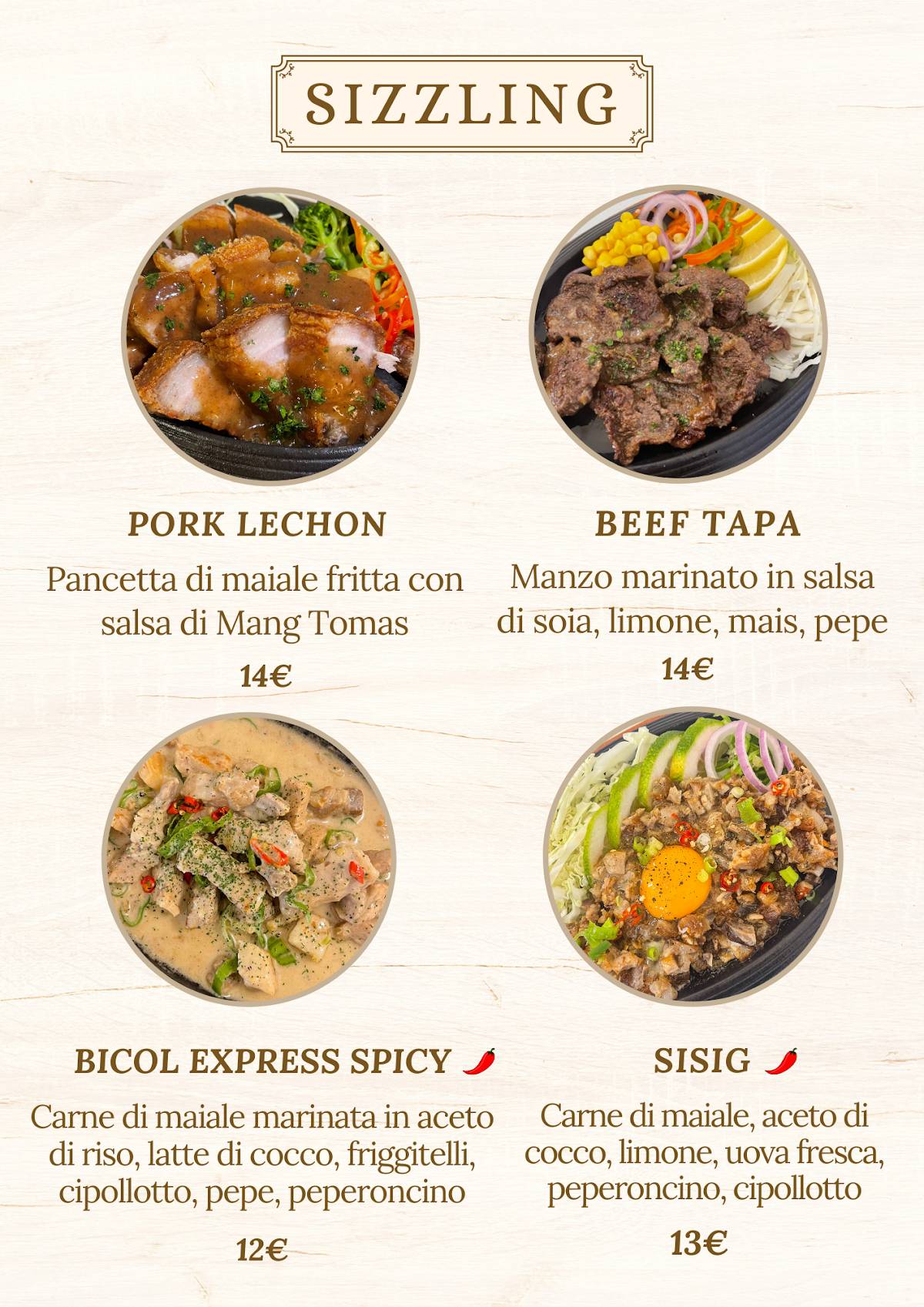 Menu au Pinoy restaurant, Bari