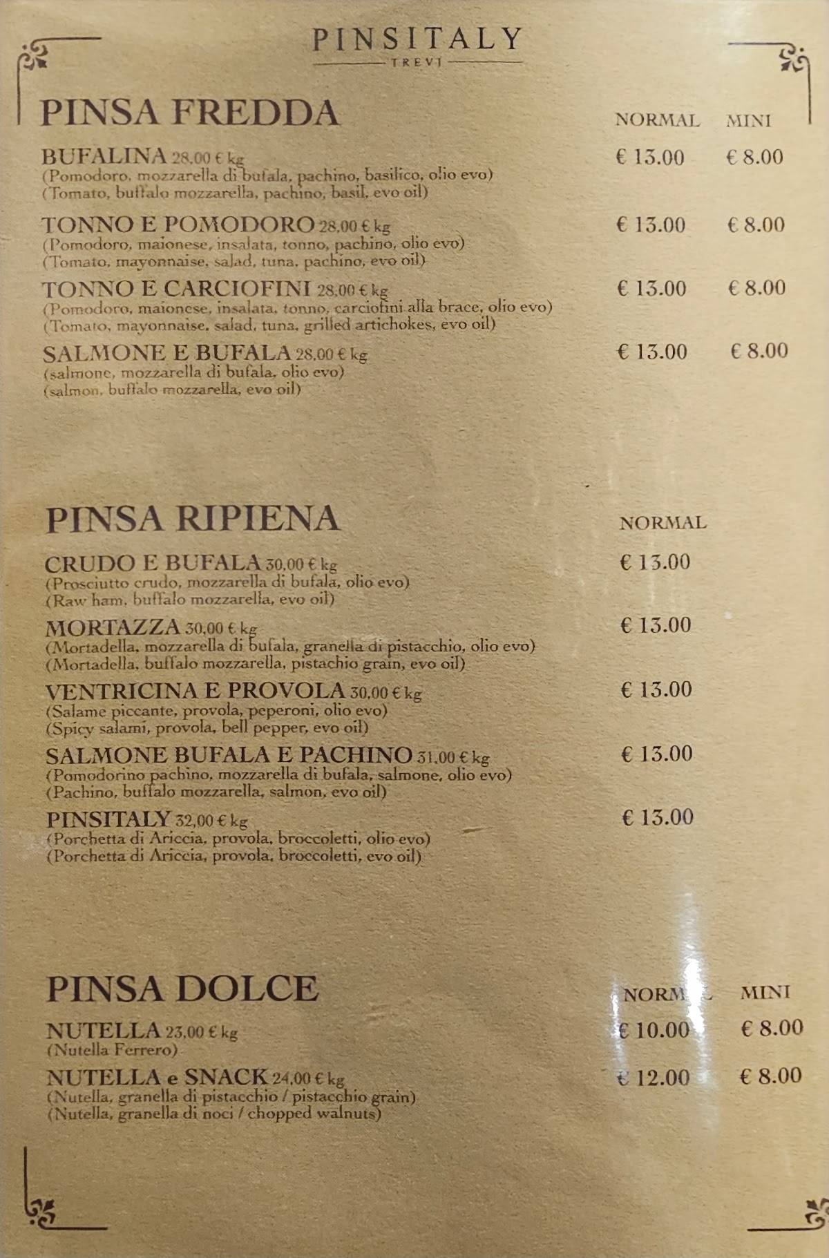 Menu at Pinsitaly Trevi pizzeria, Rome, Via della Panetteria