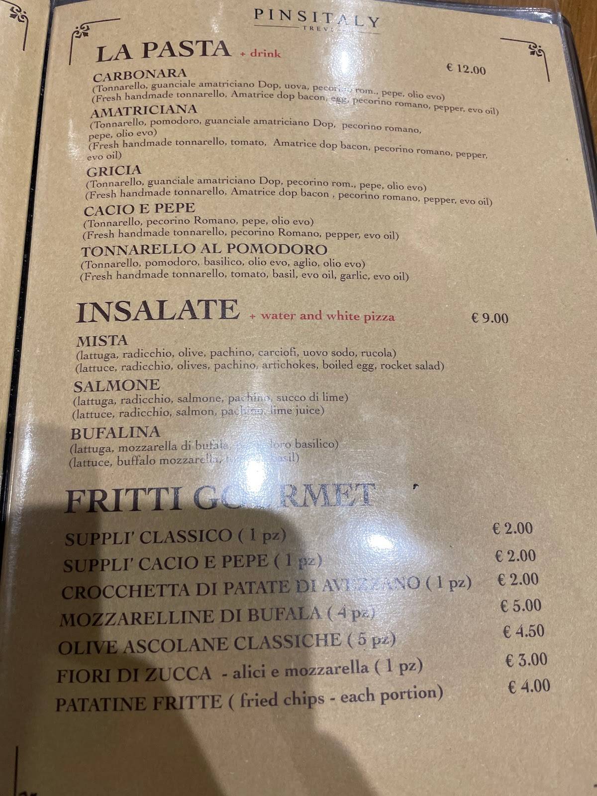 Menu at Pinsitaly Trevi pizzeria, Rome, Via della Panetteria