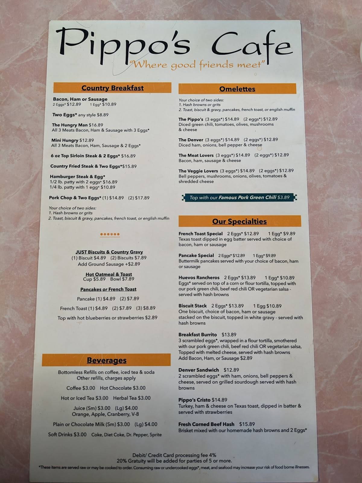 Menu at Pippo's Cafe, Cortez