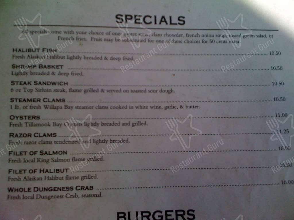 Menu at Pirate's Cove Restaurant, Garibaldi
