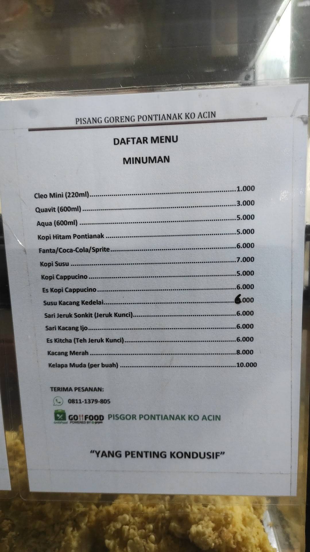 Menu at Pisang Goreng Pontianak Ko Acin restaurant, West Jakarta